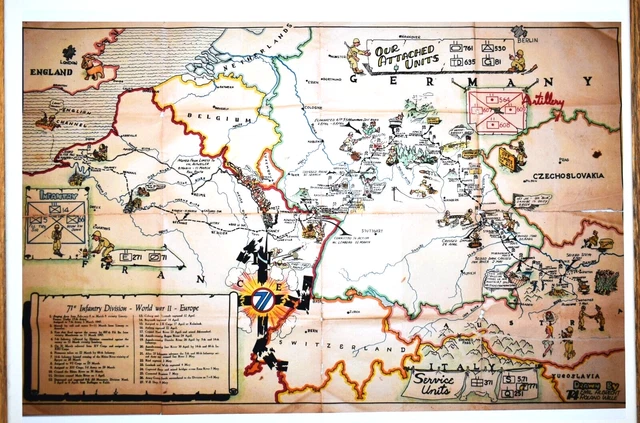 1945 WWII ILLUSTRATED Map by Albrecht Roland Emil Wille 71st, 66 ...
