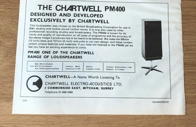 (STG)JAN1977 P1216 ADVERT5X8& The Chartwell PM400 Loudspeaker. Chosen ...