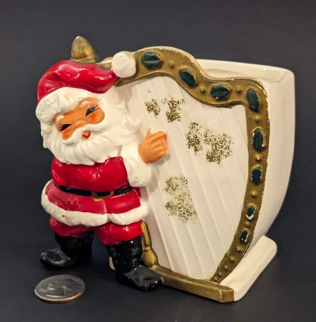 VTG CHRISTMAS CERAMIC Santa Claus w Harp Candy Cane Holder Planter 4.75 ...