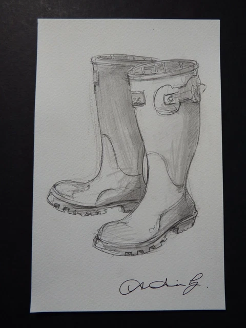 ORIGINAL PENCIL DRAWING sketch of a pair of wellington boots wellies ...