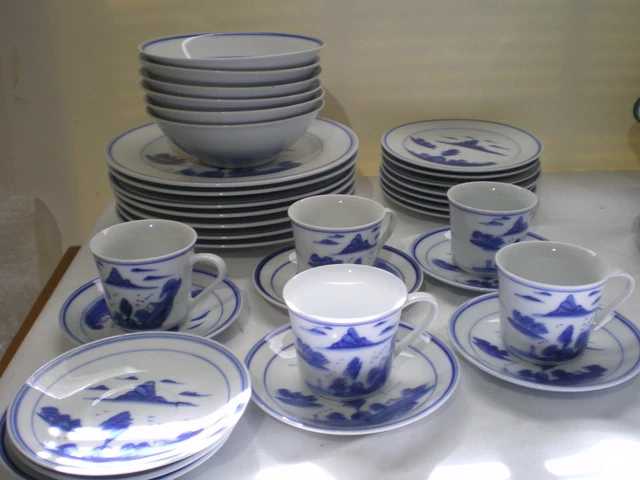 CHINESE CHINOISERIE BLUE Landscape Dinner Plates Bowls Cups Bird ...