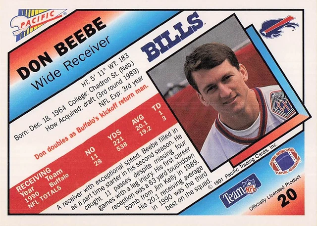 1991 PACIFIC #20 Don Beebe presque comme neuf ou mieux EUR 1,09 ...