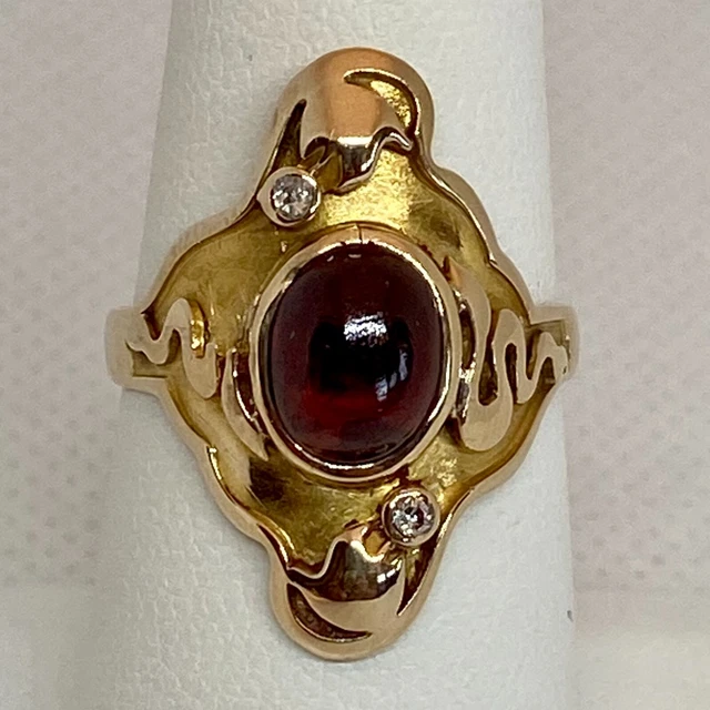 VINTAGE ART NOUVEAU 10k Yellow Gold Garnet & Diamond Ring Signed WWW ...