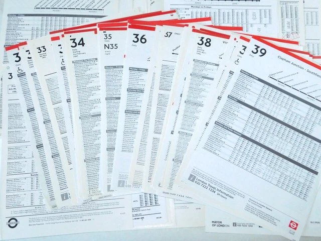 86 X LONDON TRANSPORT BUS STOP PANEL TIMETABLES ROUTES 30 to 39 1987 ...