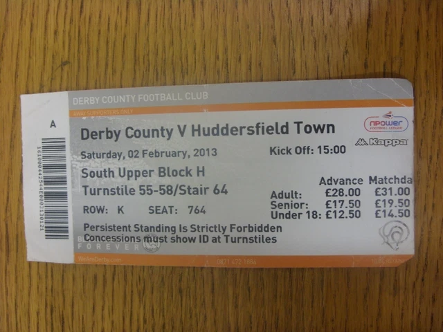 02/02/2013 TICKET: DERBY County v Huddersfield Town (Folded, Creased ...