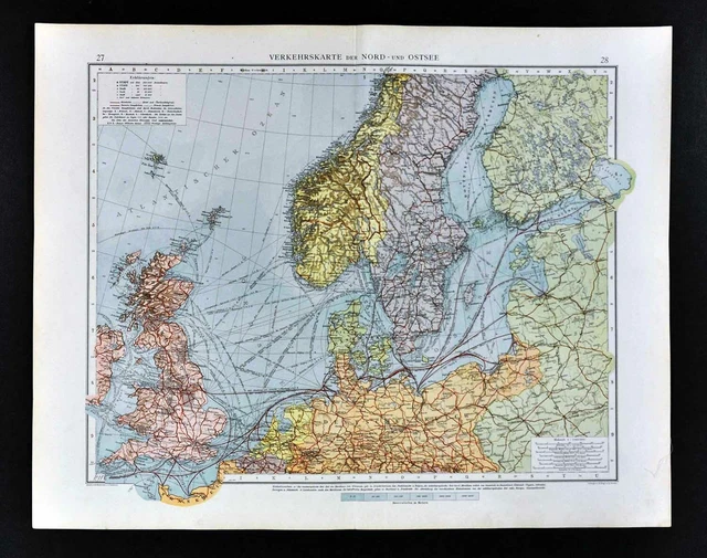 1901 ANDREES MAP Steamer Railroad Routes Sweden Russia Germany Holland ...