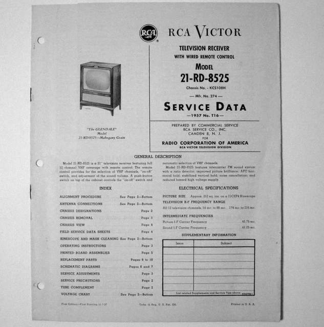 RCA VICTOR ® Model 21-RD-8525 TV Television With Remote Service Manual ...