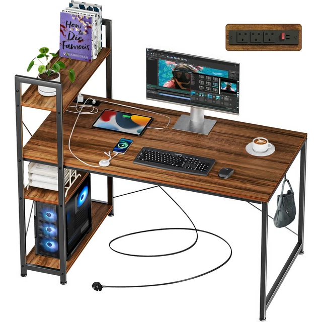COMPUTER DESK STUDY Table with 2/4 Tier Bookshelf and Power Outlet ...