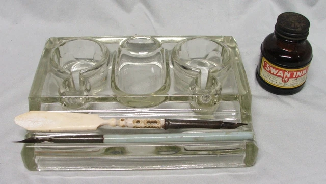 VINTAGE GLASS INK Well Set Pot with Pen Holder, Pens & Swan ink bottle ...