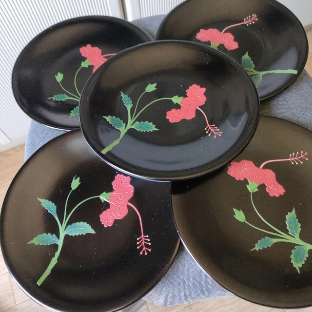 JAPANESE OKINAWA RYUKYU Lacquerware Hibiscus Pattern 5 Sweets Plates ...