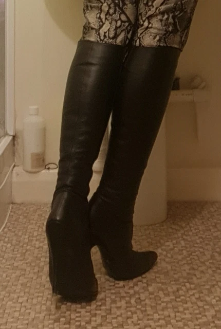 LITTLE SHOE BOX (?) black leather stiletto boots UK8; UK post only NO ...