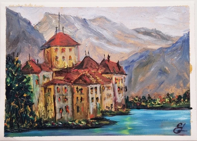 PEINTURE ORIGINALE CHÂTEAU de Chillon Paysage œuvre d’art à l’huile Suisse... EUR 81,98 ...