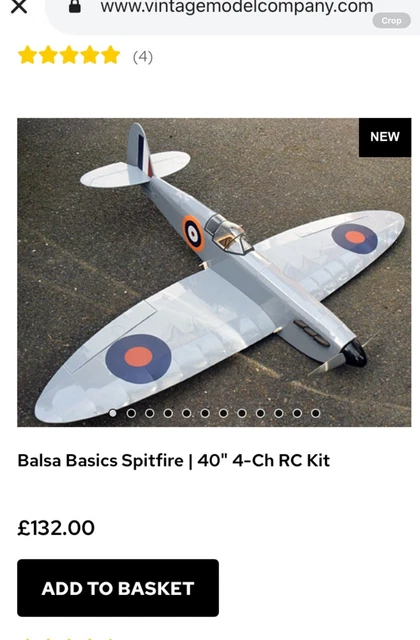 VINTAGE MODEL COMPANY, Remote Controlled Balsa Basics Spitfire 40” Wing ...