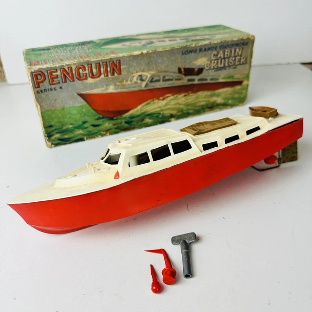 VINTAGE PENGUIN LONG Range Clockwork Cabin Cruiser Boat Model & Key £39 ...