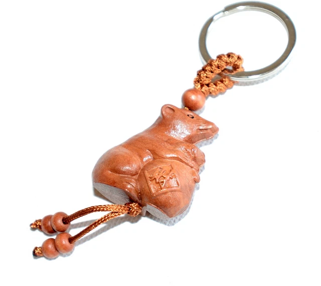 CHINESE FENG SHUI Buddhism Year Of The Rat Wooden Good Luck Key Ring ...