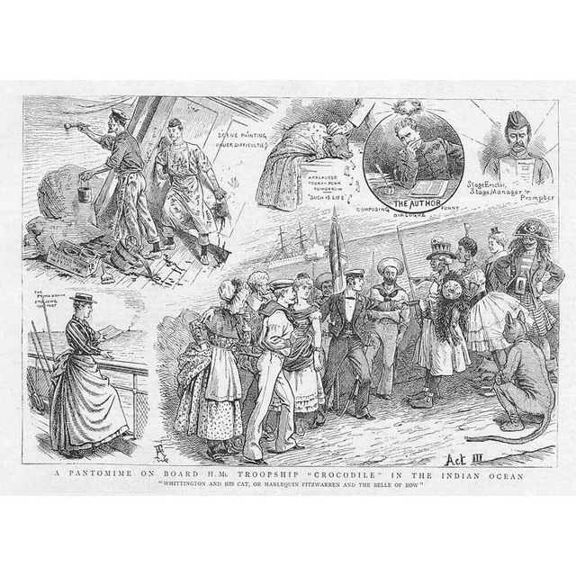 PANTOMIME ON BOARD HM Troop Ship Crocodile - Antique Print 1888 £9.99 ...