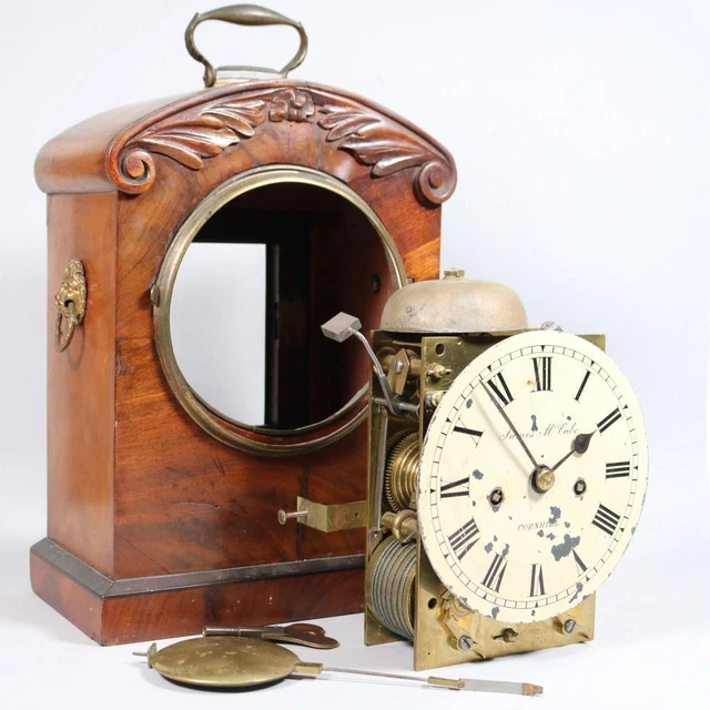 SMALL ANTIQUE TWIN FUSEE ENGLISH BRACKET or MANTEL CLOCK signed James ...