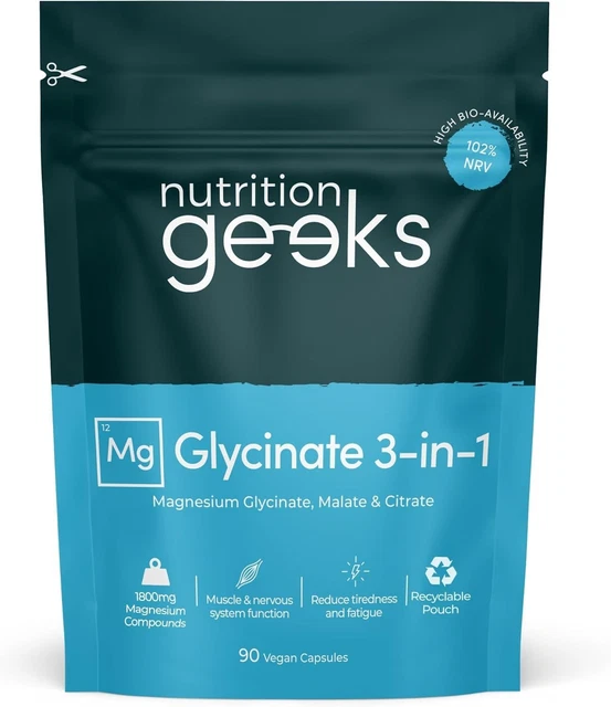MAGNESIUM GLYCINATE 3 in 1 Complex 90 Vegan Capsules UK Made 1800mg ...