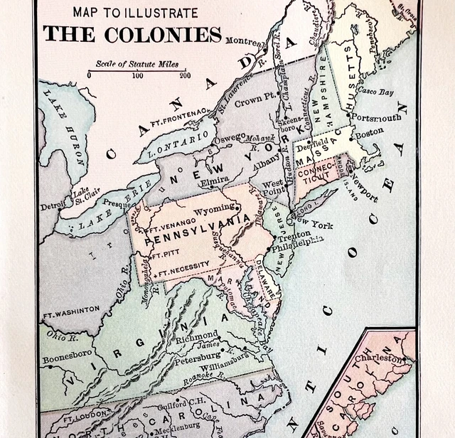 MAP OF ORIGINAL 13 Colonies 1871 Victorian Lithograph History Swinton ...