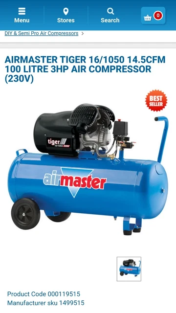 CLARKE AIR MASTER tiger 16/1050 Compressor 100L / 3hp / 14.5cfm ready ...