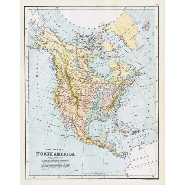 NORTH AMERICA PHYSICAL Map - Antique Map c1870 by Weller EUR 14,96 ...