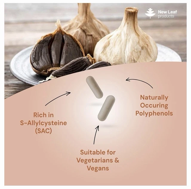 NEW LEAF PRODUCTS Black Garlic Odourless 100:1 160mg 180 Capsules Vegan ...