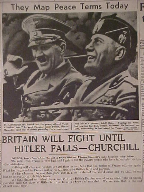 VINTAGE NEWSPAPER HEADLINE~ World War 2 Hitler Mussolini France Fate ...