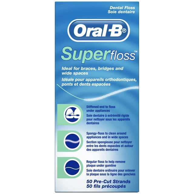 ORAL-B SUPERFLOSS DENTAL Floss for Braces & Bridges - 50 Pre-Cut ...