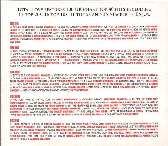 TOTAL LOVE : 100 Classic Tracks by Various Artists (5 disc CD set, 2010 ...