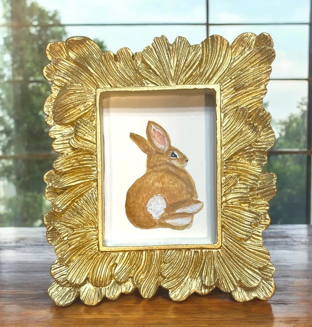 BUNNY RABBIT WATERCOLOR print of painting in mini gold vtg style ornate ...