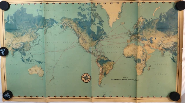 PAN AM ROUTES of World Airway System Map 1951 Pan American Airlines ...