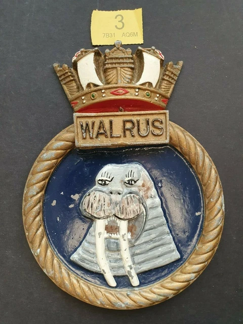 RARE VINTAGE HMS WALRUS LARGE METAL SHIPS CREST..ORIGINAL... 9 x 7 in ...