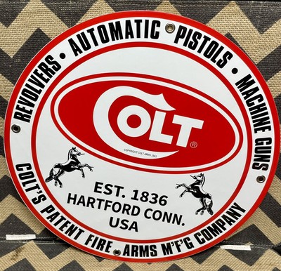 VINTAGE COLT FIREARMS Porcelain Sign Gun Rifle Pistol Handgun Shotgun ...