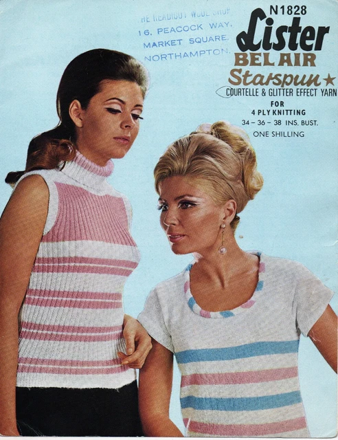 ~VINTAGE 1960S LISTER Knitting Pattern For Lady's Pretty Striped Tops ...