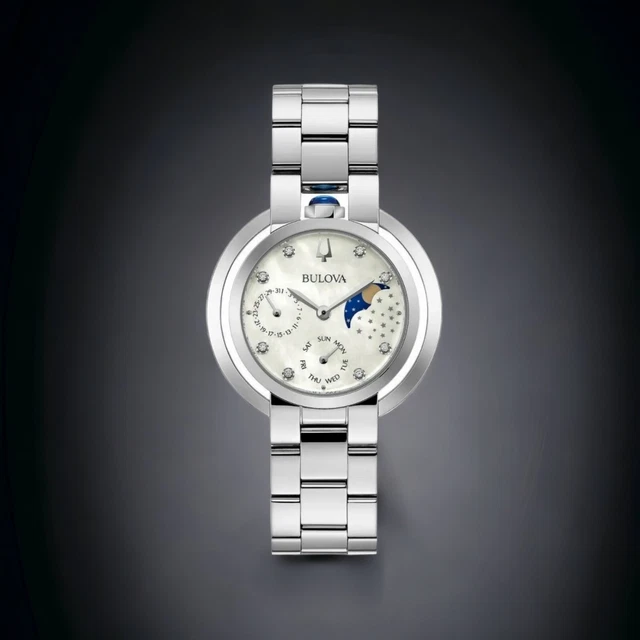 BULOVA WOMEN'S RUBAIYAT Quartz Moon Phase Diamond Accents 35mm Watch ...