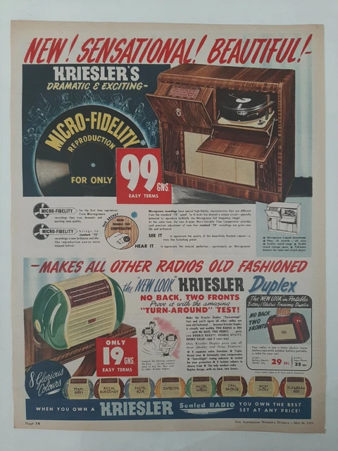 VINTAGE AUSTRALIAN ADVERTISING 1954 ad KRIESLER RADIOGRAM & DUPLEX ...
