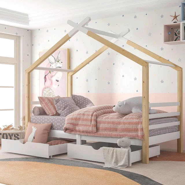 KIDS 3FT SINGLE Storage Bed with Safety Rails & Pine Wood House Frame £ ...