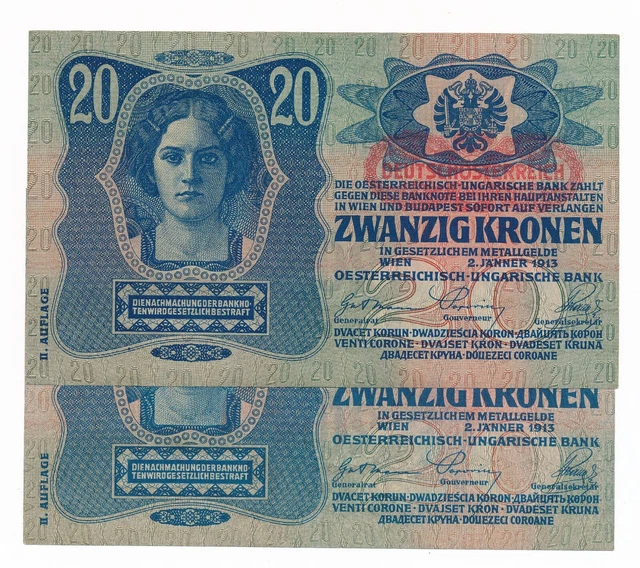 AUSTRIA HUNGARY AUSTRIAN Empire 20 Kronen 1913 w/Overprint P. 53 EF+ 2 ...