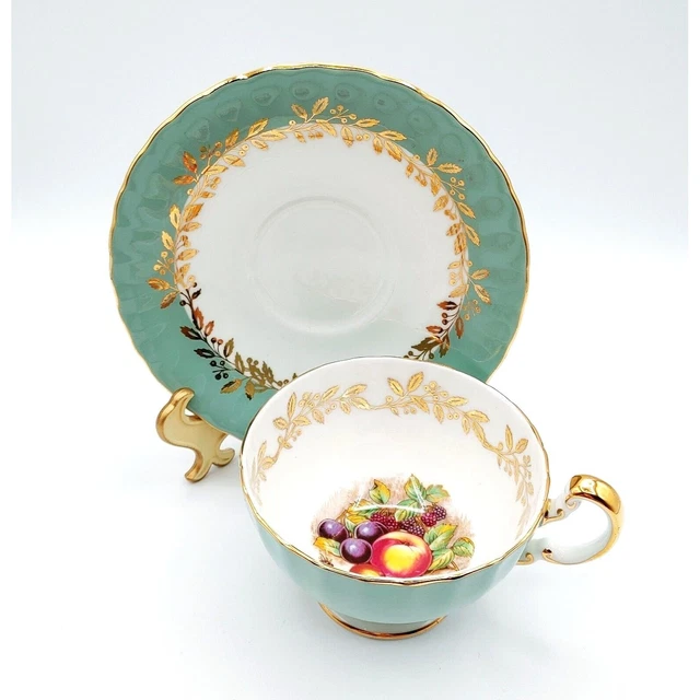 VINTAGE AYNSLEY TEA Cup & Saucer #2480 Sage w/ Orchard Fruit & Gold ...