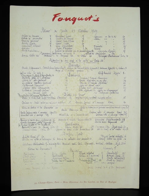 MENU DEL FOUQUET'S Diner Datato Al 19 Ottobre 1967 45 Cm Per 32 Cm EUR ...