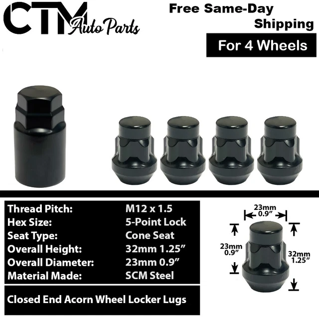 4X BLACK M12X1.5 Cone Seat Anti-Theft Wheel Lock Lug Nut+Key Fit Ford ...