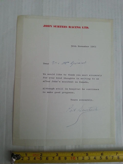 PAT SURTEES (JOHN SURTEES' EX-WIFE) SIGNED LETTER 1965 Motor Racing F1 ...