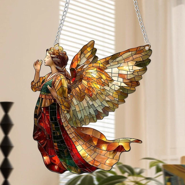 1X STAINED SUNCATCHER Acrylic Angel Glass Window Garden Hanging Pendant ...