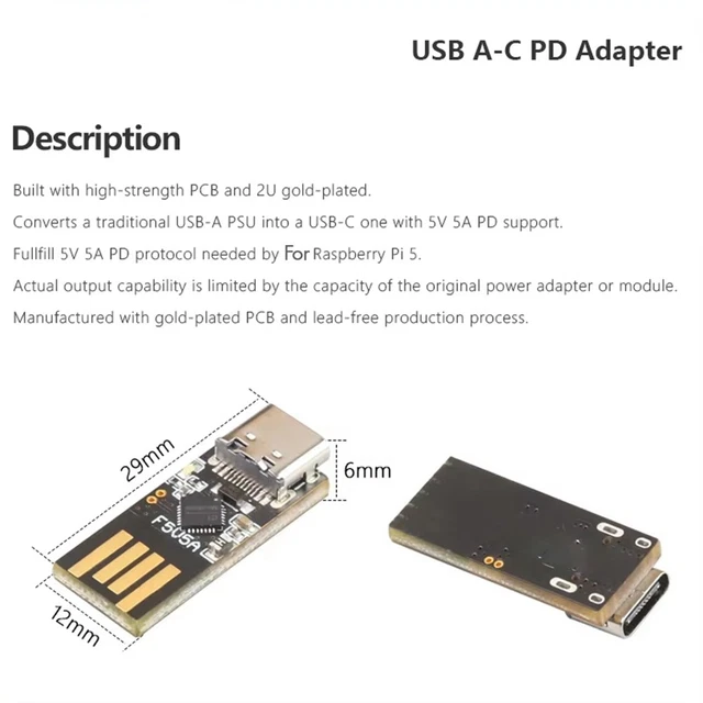 FOR RASPBERRY PI5 USB A-C PD Adapter with Cable PD Trigger Activation ...