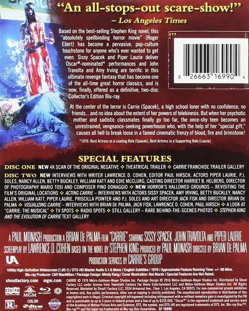 CARRIE (BLU-RAY) SISSY Spacek Piper Laurie John Travolta Nancy Allen ...