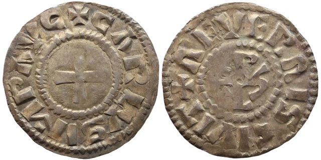 CHARLES LE CHAUVE empereur, denier de Nevers au monogramme carolin EUR ...
