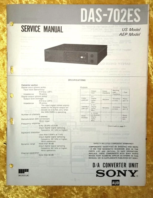 ORIGINAL SONY DAS-702ES Service Manual (Schaltplan) EUR 19,00 - PicClick DE