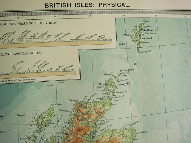 1920 GRANDE MAPPA Isole Britanniche Physical Mountain Sezione Capo ...