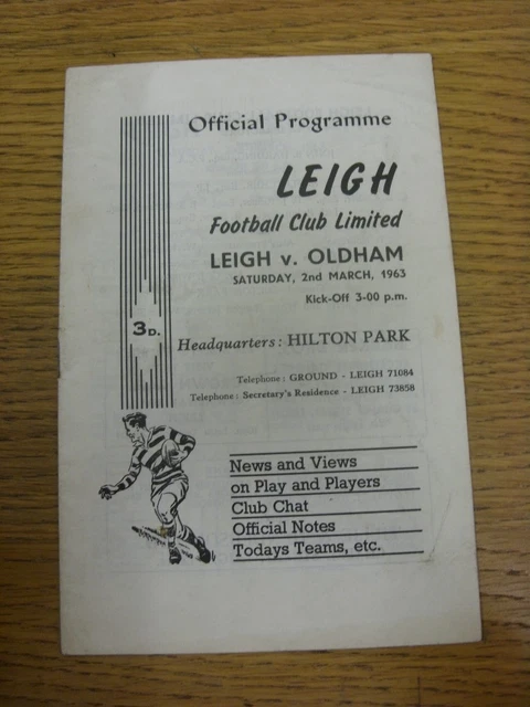 02/03/1963 RUGBY LEAGUE Programme: Leigh v Oldham (rusty staples, team ...