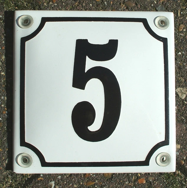 HOUSE NUMBER 5, CLASSIC ENAMEL SIGN. BLACK No.5 ON A WHITE BACKGROUND ...